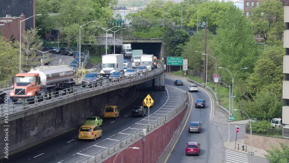 Car traffic in New York. Overpasses, bridges, tracks, highways. Dolly ...