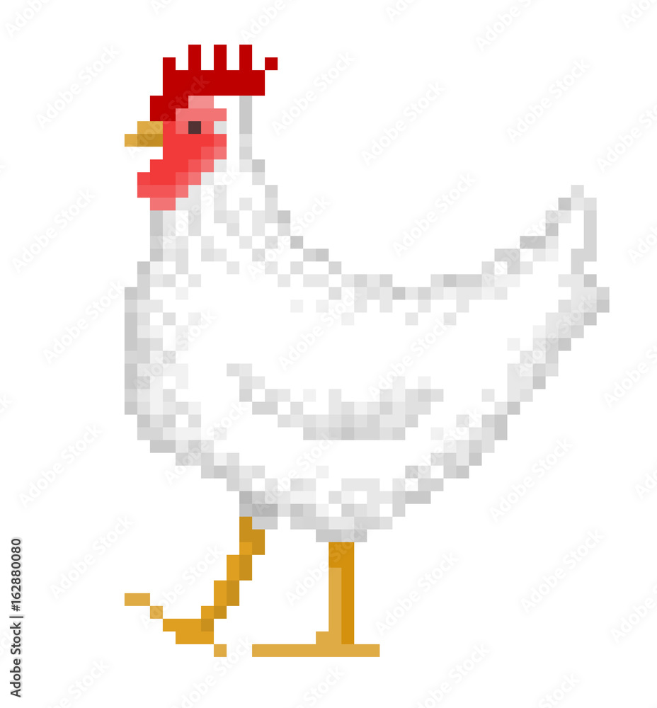 Old school 8 bit pixel art white hen standing on the ground. Domestic ...