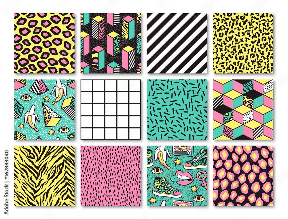 Set of seamless patterns in 80s-90s memphis style. Stock Vector | Adobe ...