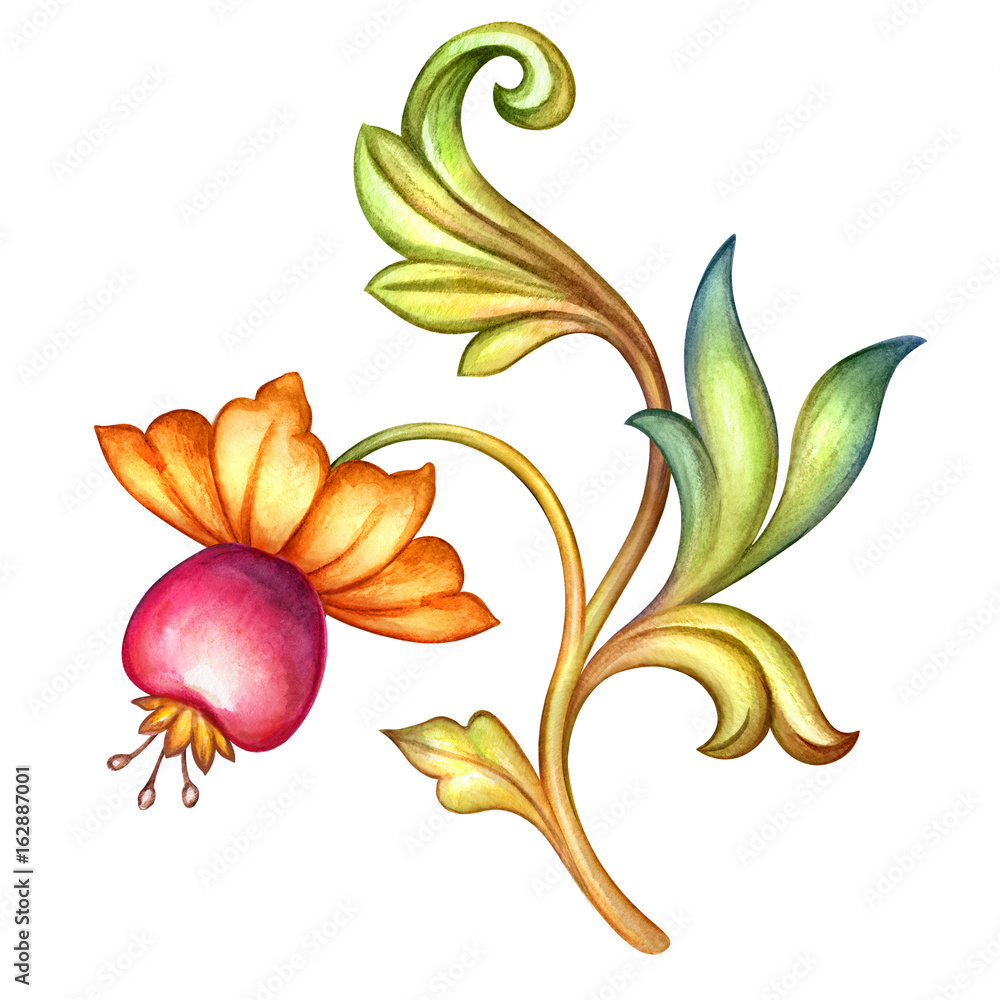 watercolor illustration, flower, apple, green leaves, antique design ...