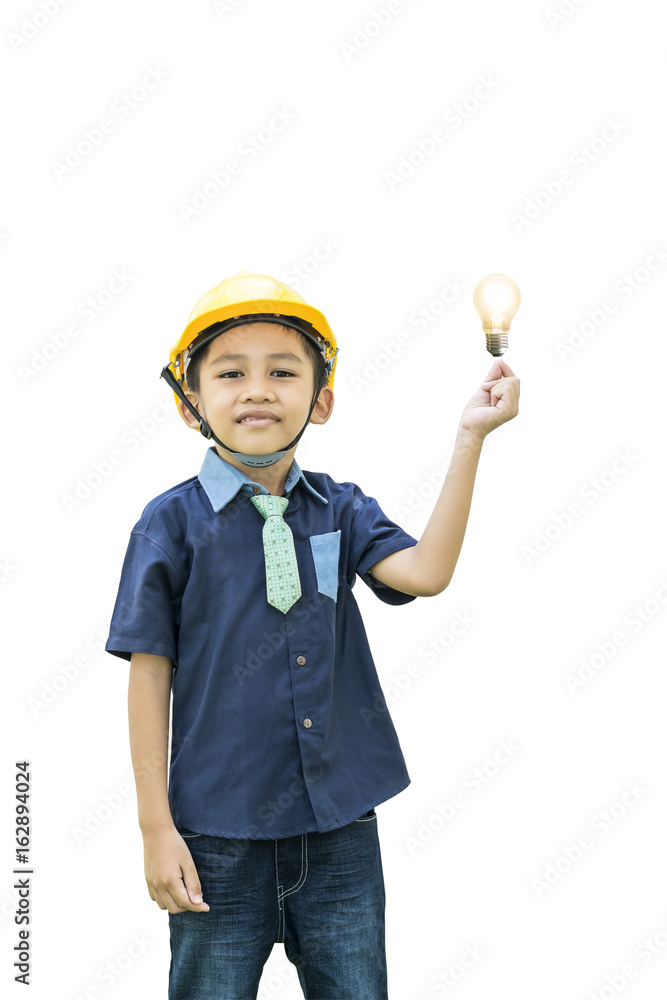 Asian boy dressed as an engineer wearing a safety hat smiling and ...