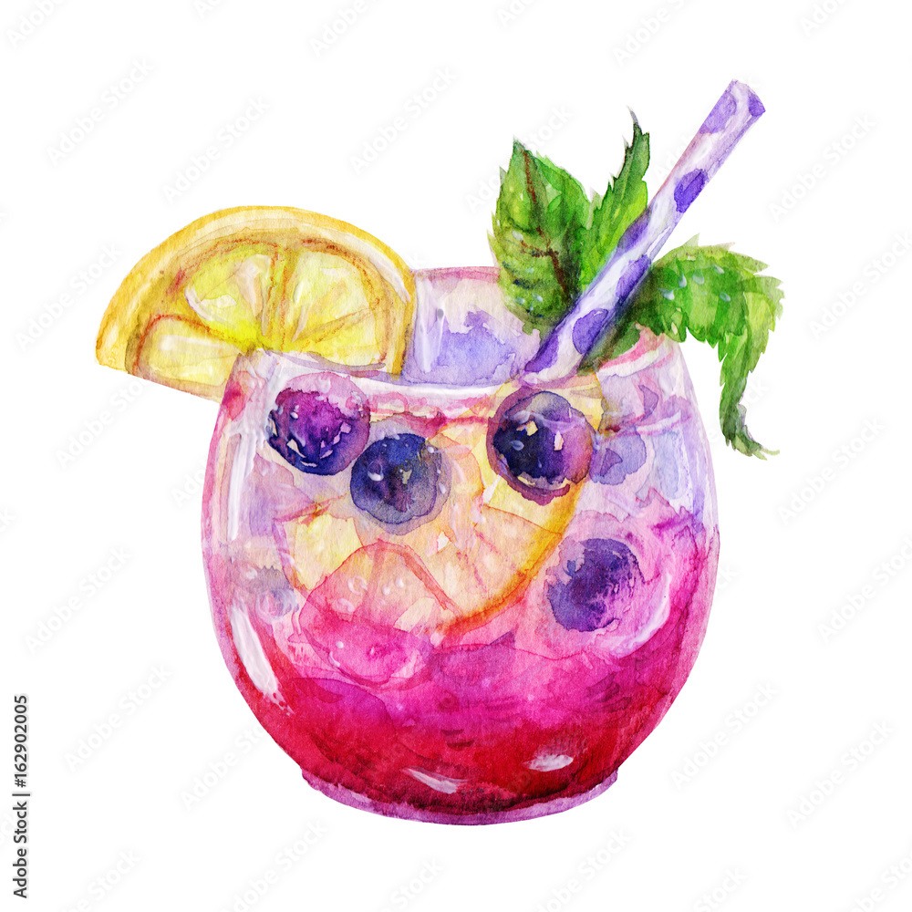 Cute Watercolor Tropical cocktail with lemon,mint and And blueberries ...