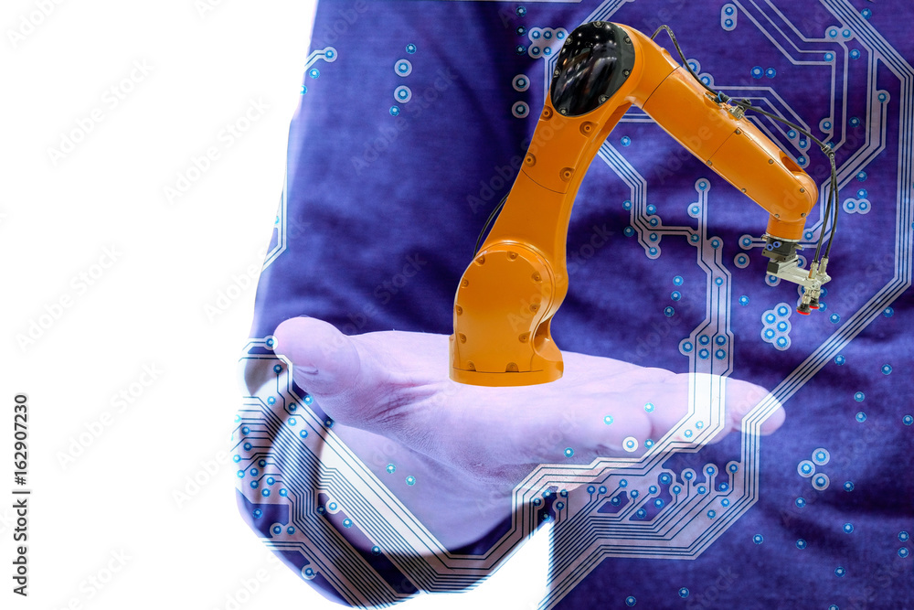 Orange Robotic on a right hand of engineering with double exposure body ...