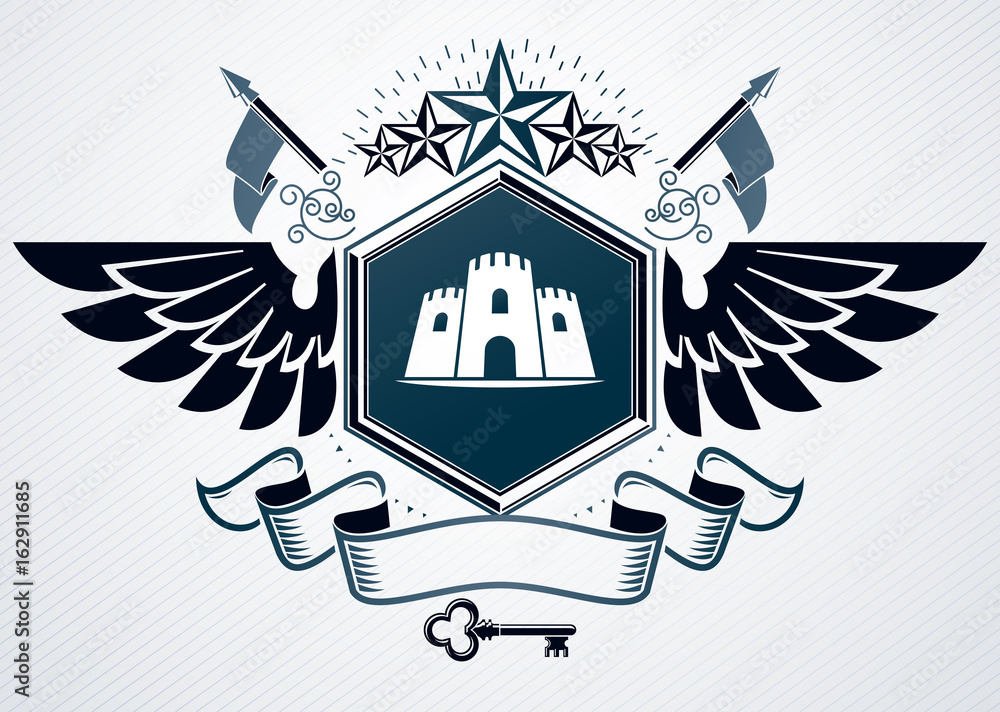 Classy emblem made with eagle wings decoration, medieval tower and ...