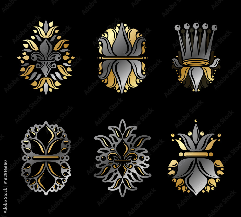 Royal symbols Lily Flowers, floral and crowns, emblems set. Heraldic ...