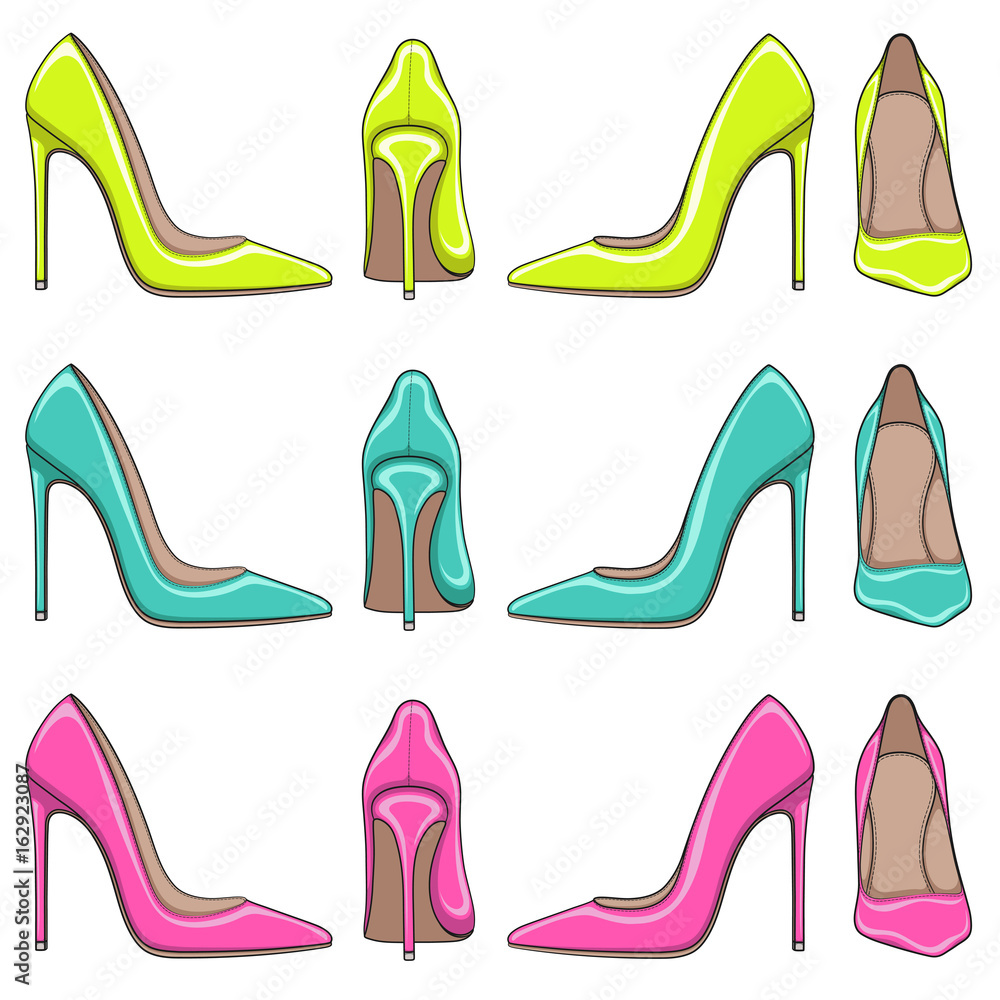 Set of bright color illuminations of female classical shoes with high ...