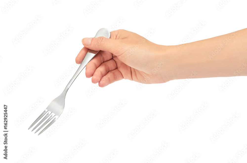 Female hands hold a fork. Isolated on white background Stock Photo ...