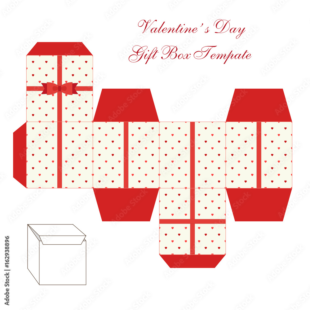 Cute retro square gift box template with hearts ornament to print, cut ...