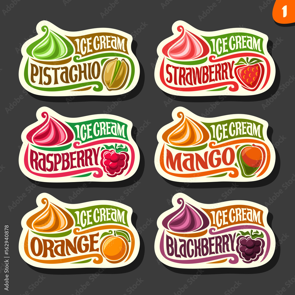 Vector set of fruit Ice Cream labels: 6 logos of different flavor ...