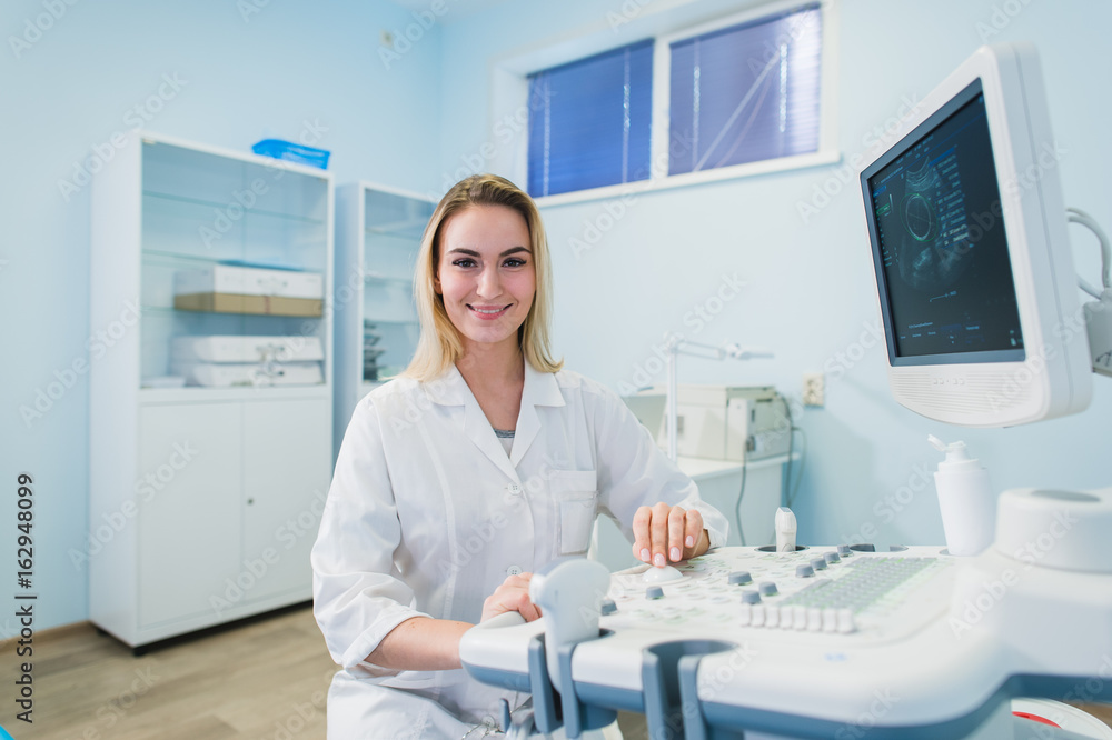 Ultrasound machine, doctor's hand usg investigation USCG Stock Photo ...