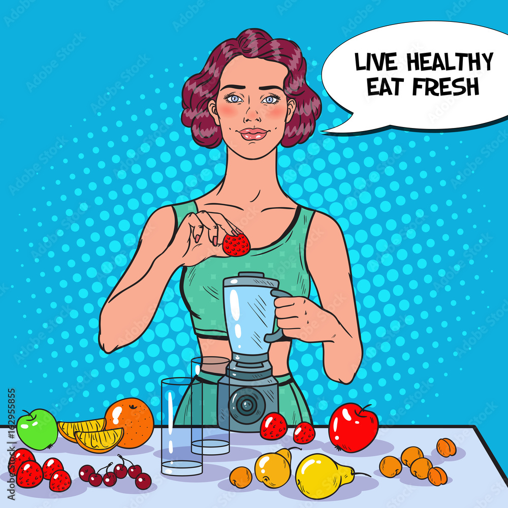 Pop Art Young Woman Making Smoothie with Fresh Fruits. Healthy Eating ...