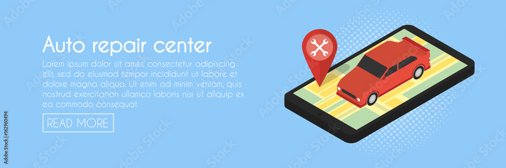 Car repair service searsh online map concept. Isometric phone vector ...