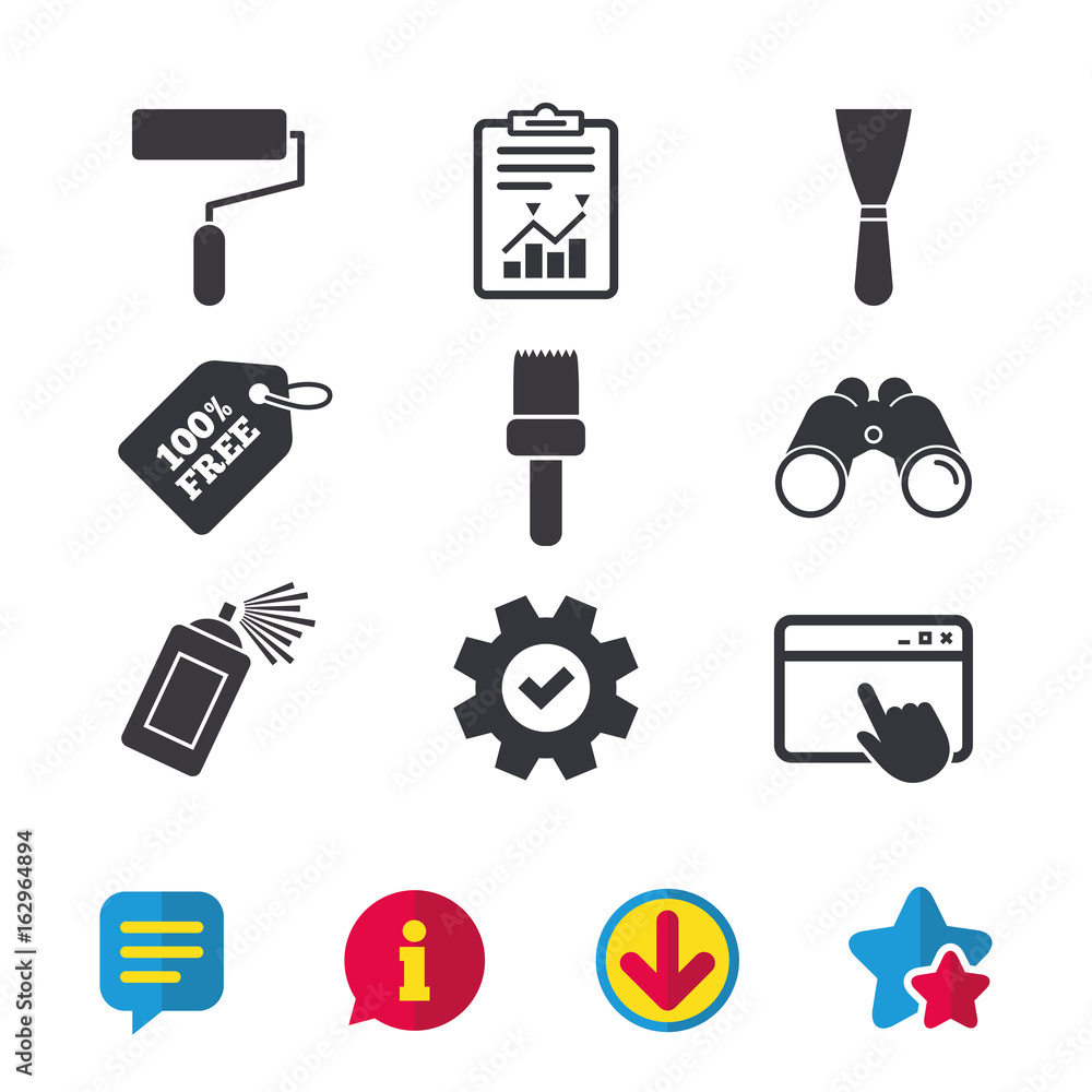 Paint roller, brush icons. Spray can and Spatula signs. Wall repair ...