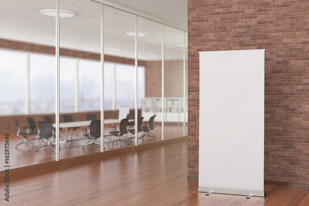 Blank roll up banner stand in modern office interior Stock Illustration ...
