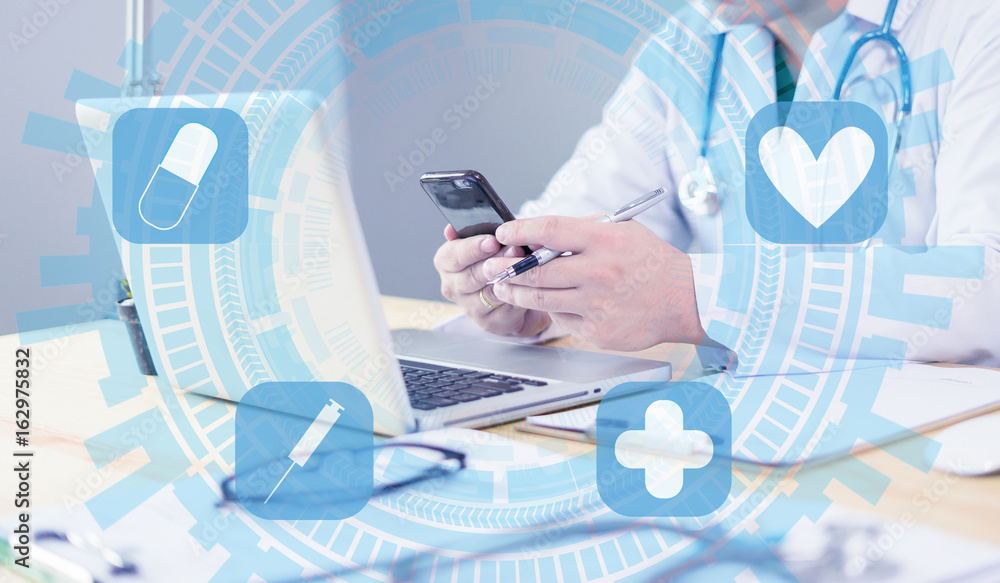 Male doctor,medical students or surgeon using cell smart phone tablet ...