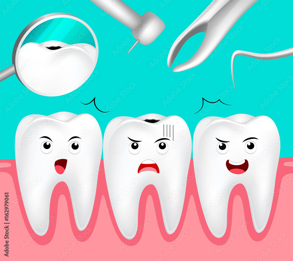 Cartoon decay tooth scared dental equipment. Dental care concept ...