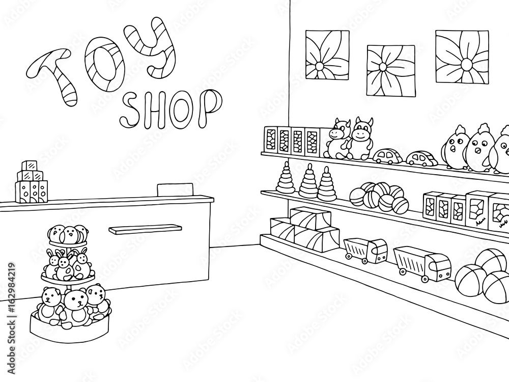 Toy shop graphic black white interior sketch illustration vector Stock ...