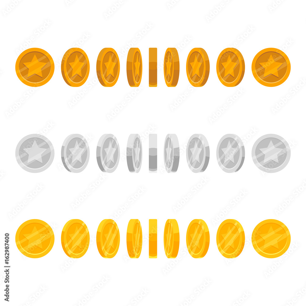 Set of game icons of silver, gold and bronze coins with star isolated ...
