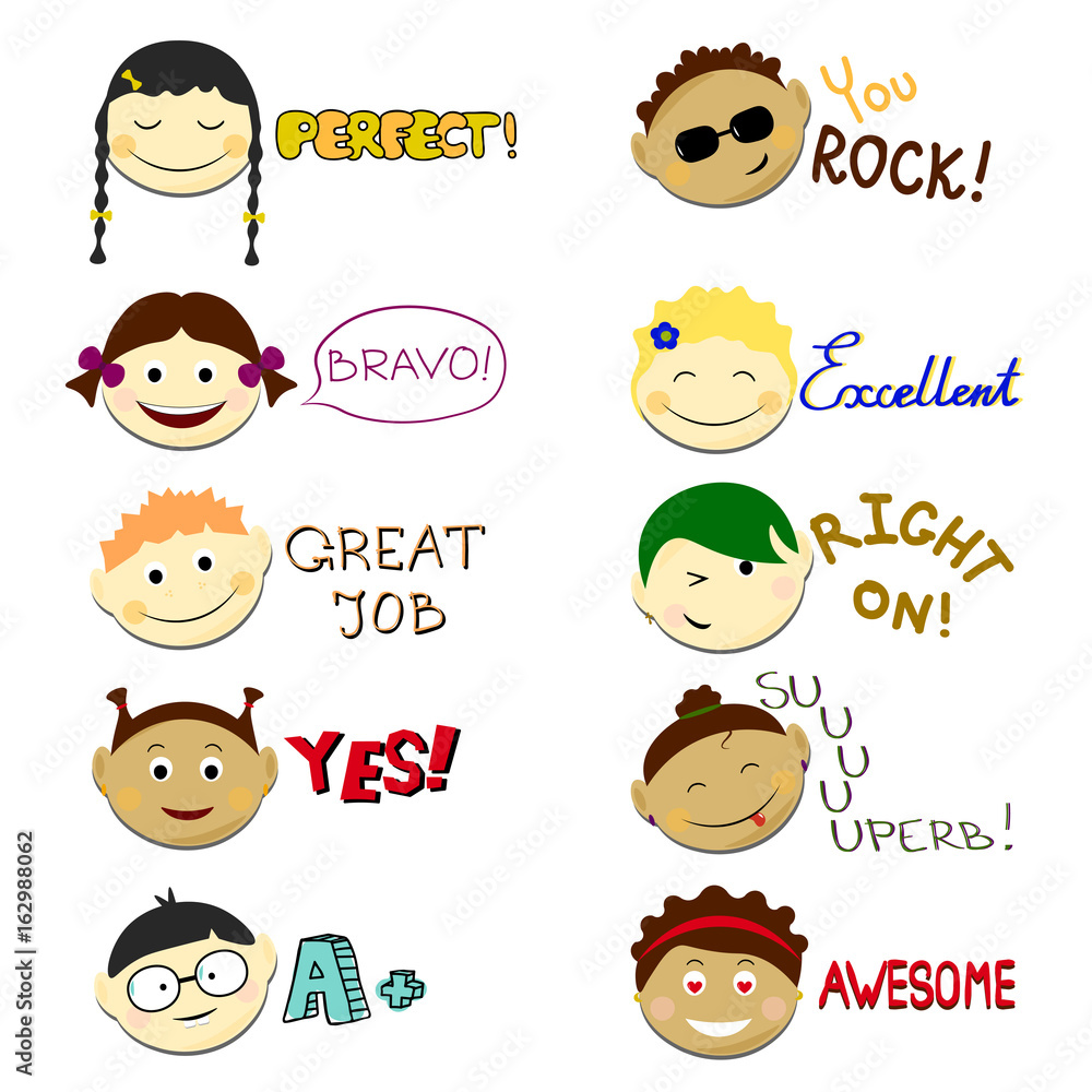 Kids face set vector illustration. Vector Achievement school Labels ...