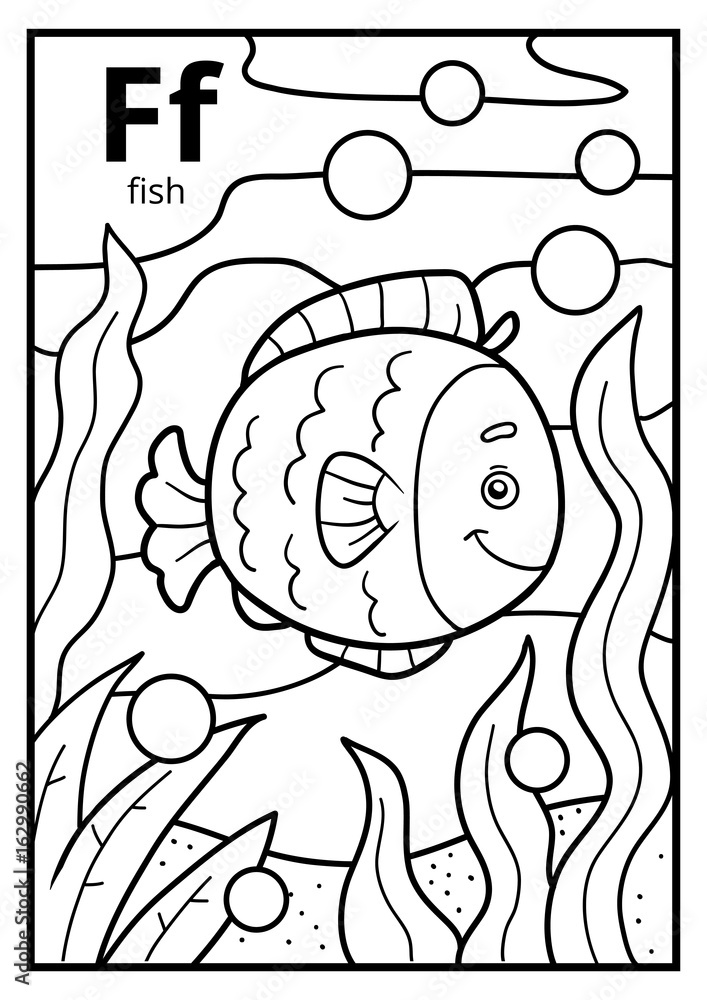 Coloring book, colorless alphabet. Letter F, fish Stock Vector | Adobe ...