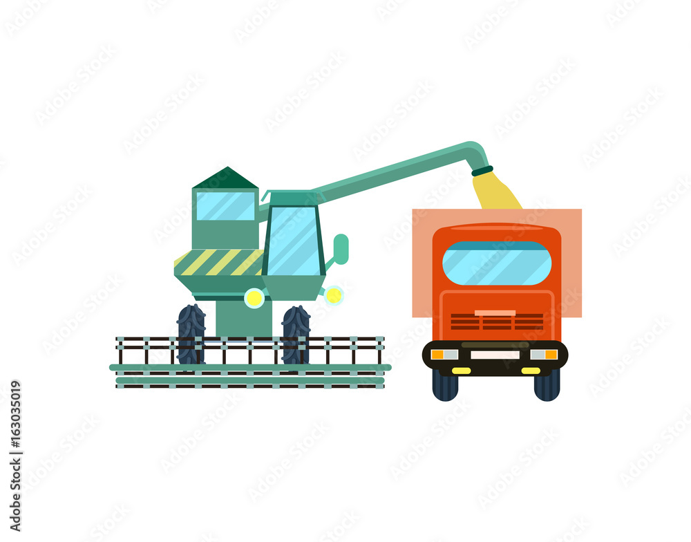 Agriculture combine harvester with tractor icon. Rural industrial farm ...