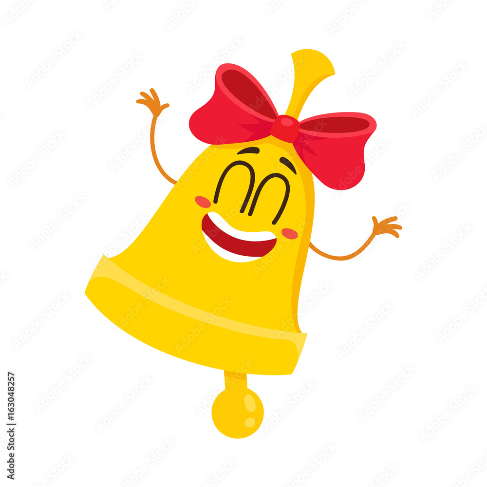 Cute and funny golden school bell character with red ribbon and smiling ...