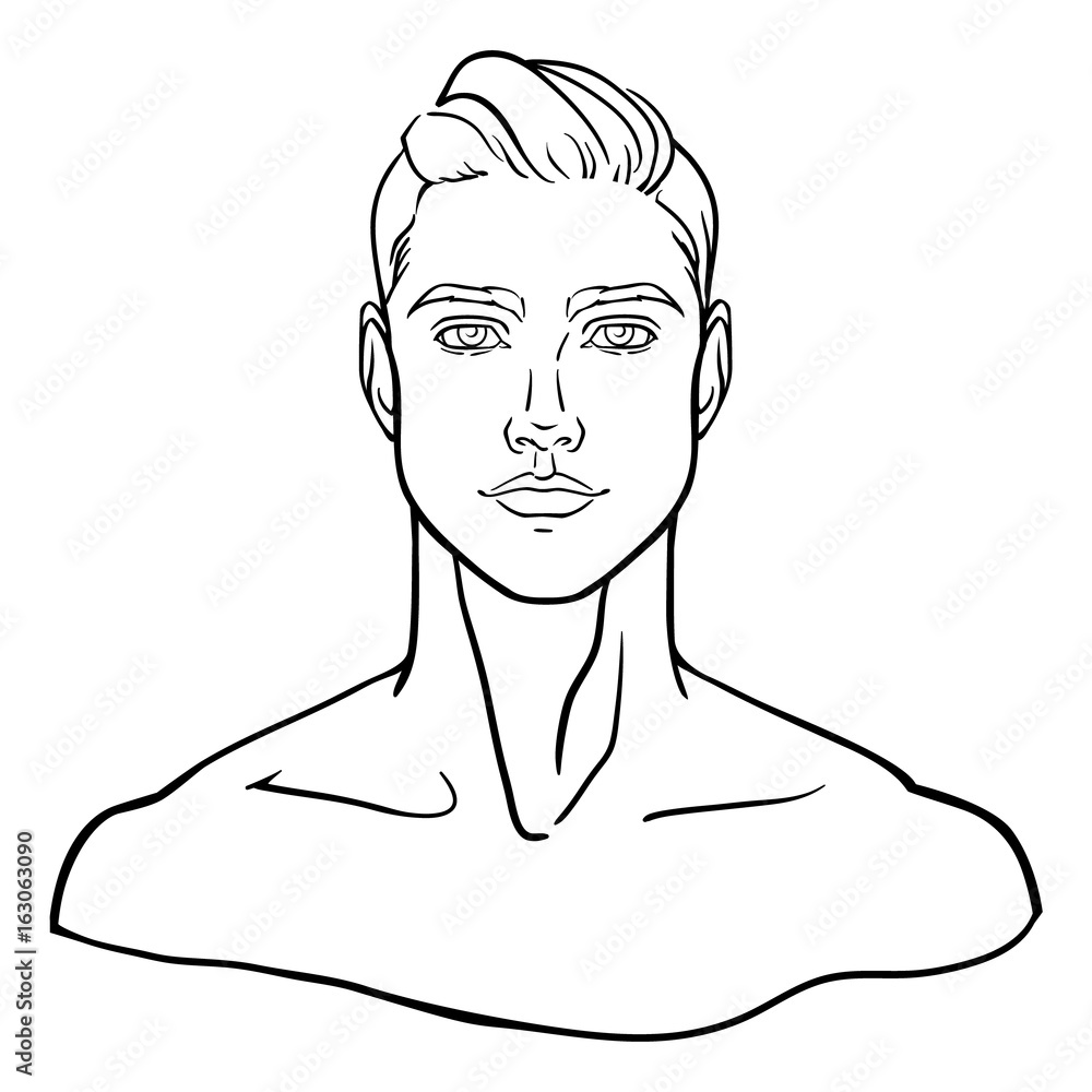 Lined, hand-drawn portrait of young man face for social profile. Design ...
