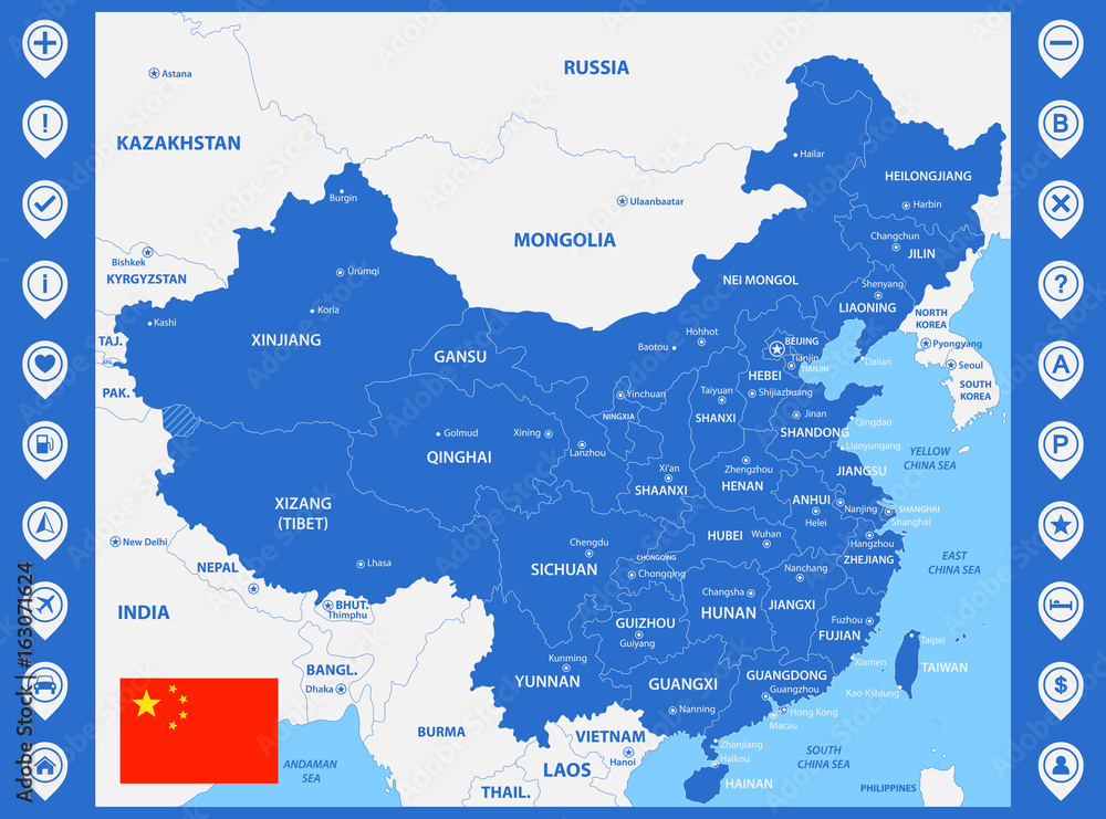 The detailed map of China with regions or states and cities, capitals ...