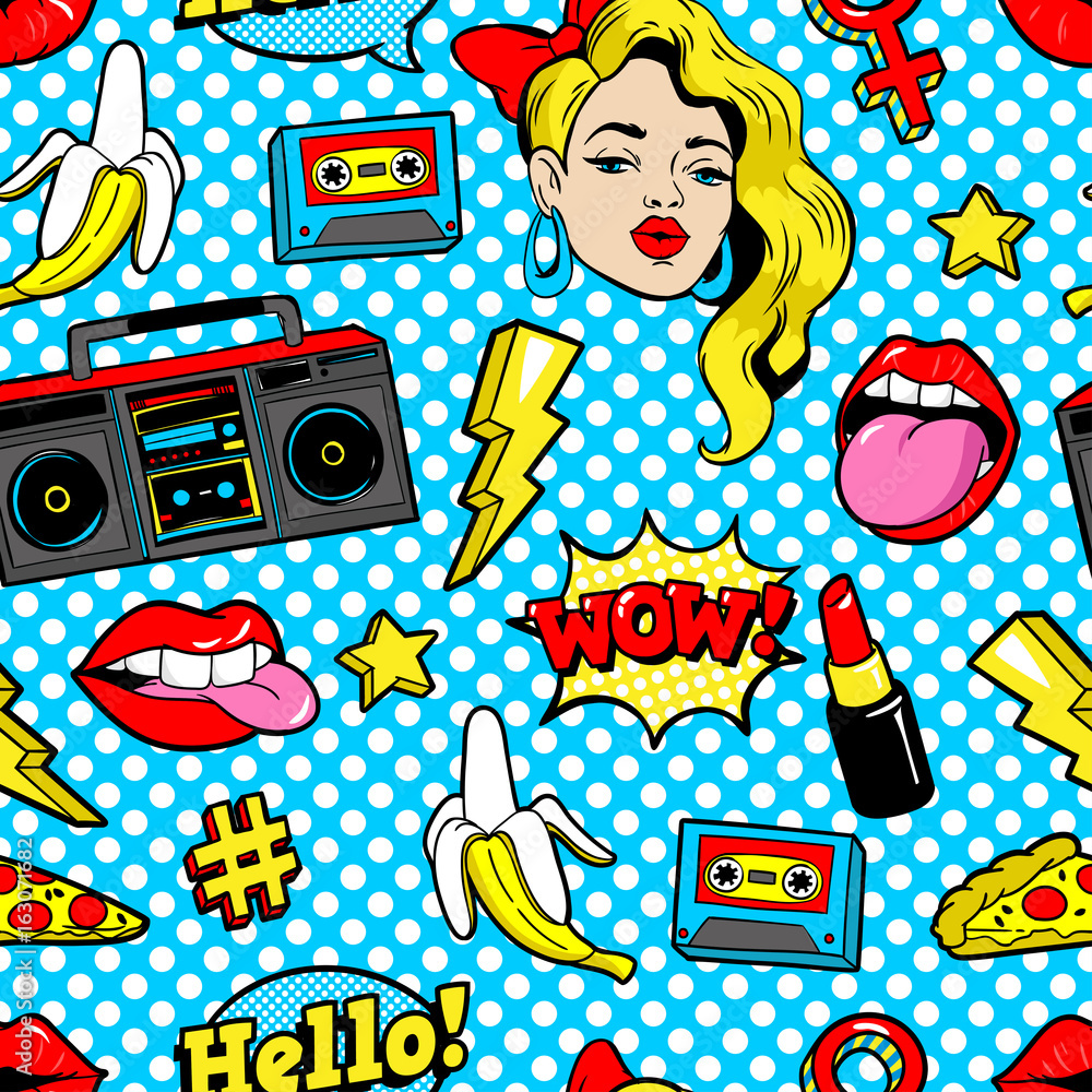 Seamless pattern in cartoon 80s-90s comic style. Stock Vector | Adobe Stock