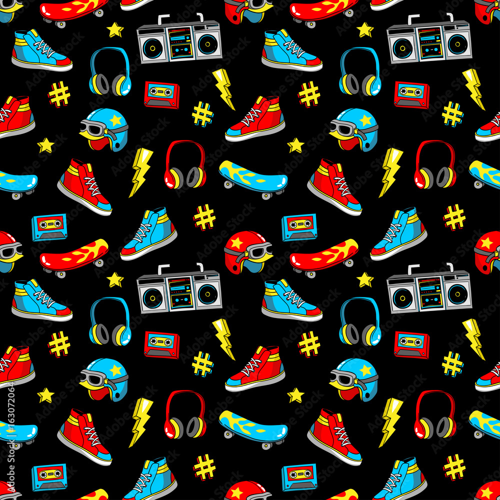Seamless pattern in cartoon 80s-90s comic style. Stock Vector | Adobe Stock