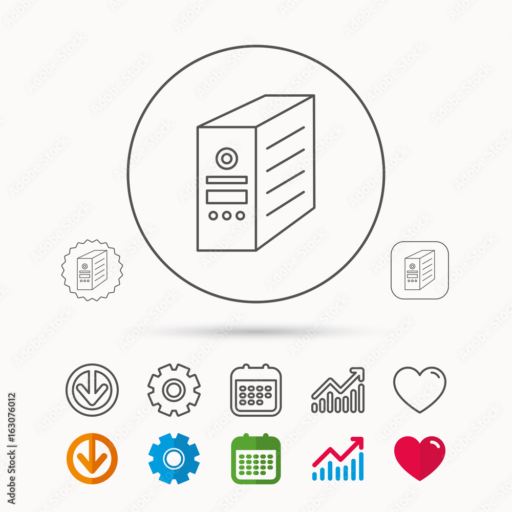 Computer server icon. PC case or tower sign. Calendar, Graph chart and ...