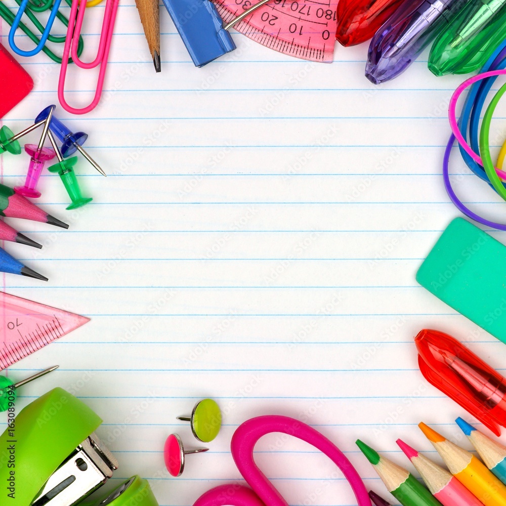 Colorful school supplies square frame over a lined paper background ...