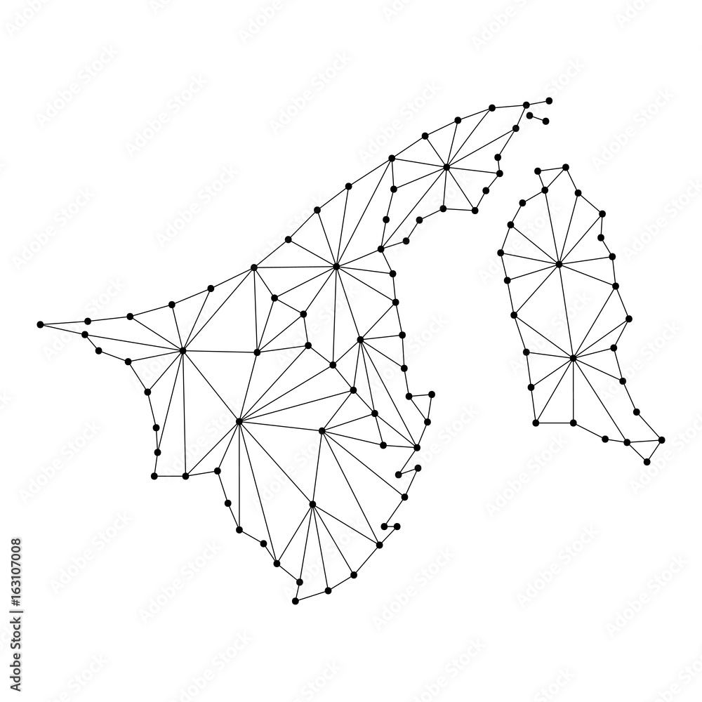 Brunei Darussalam map of polygonal mosaic lines network, rays and dots ...
