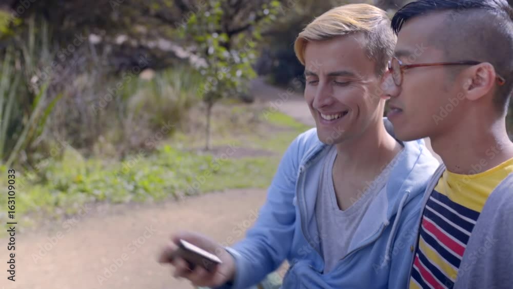 Cute Gay Couple Pose/Kiss On Cheek For A Selfie Together On A Park ...