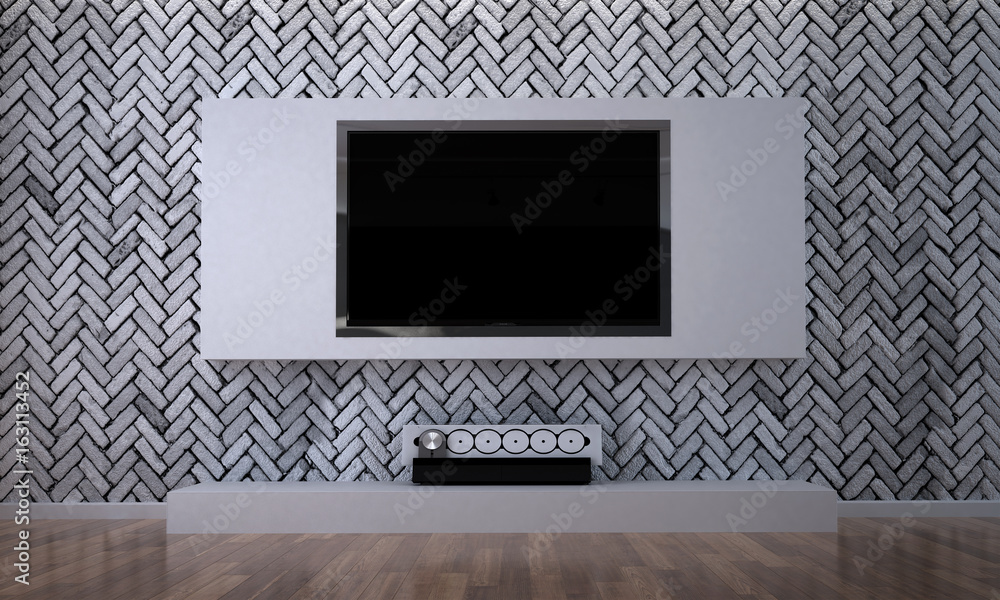The interior design of Lcd tv and brick wall texture Stock Illustration ...