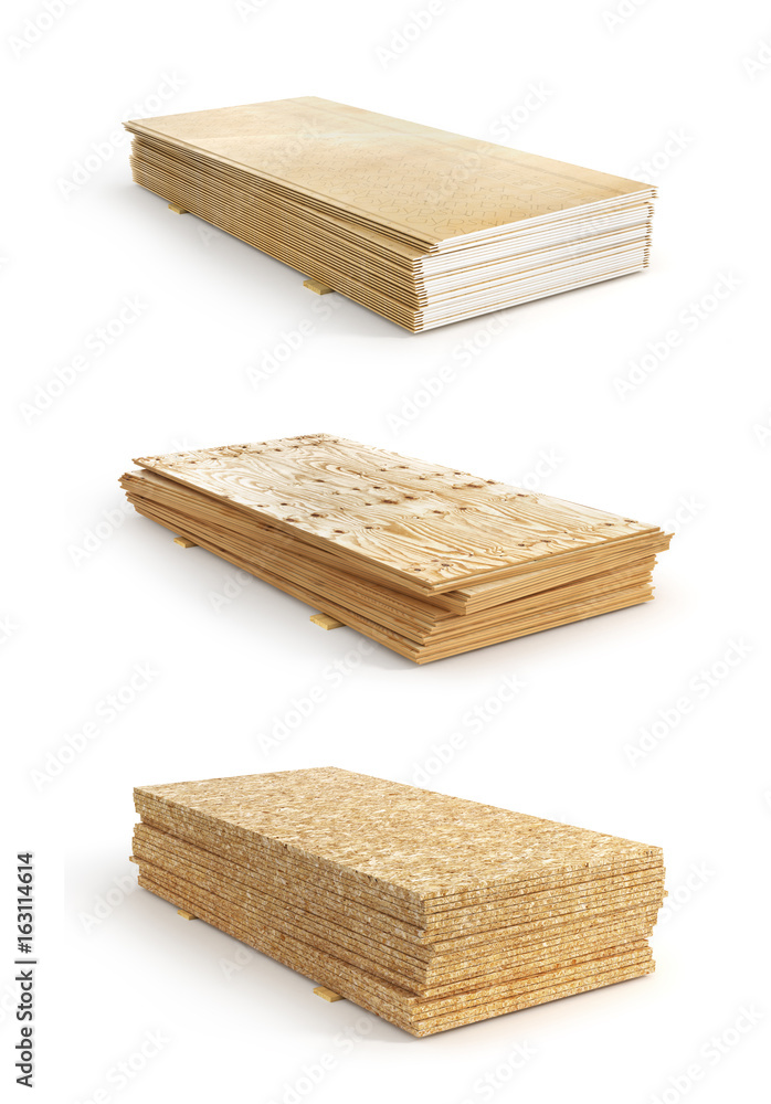 Set of stacks of different boards. OSB, plywood and gypsum board. 3d ...