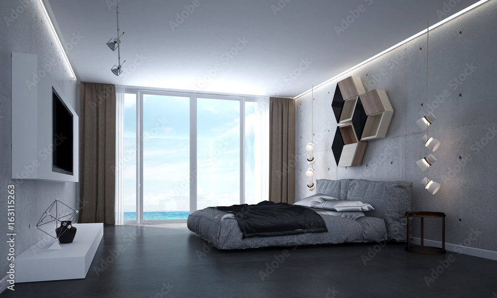The bedroom interior design 3d rendering and concrete wall texture and ...