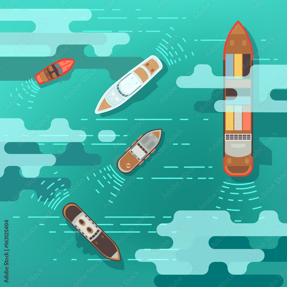 Top view sea ship and shipping boat on ocean water surface vector ...