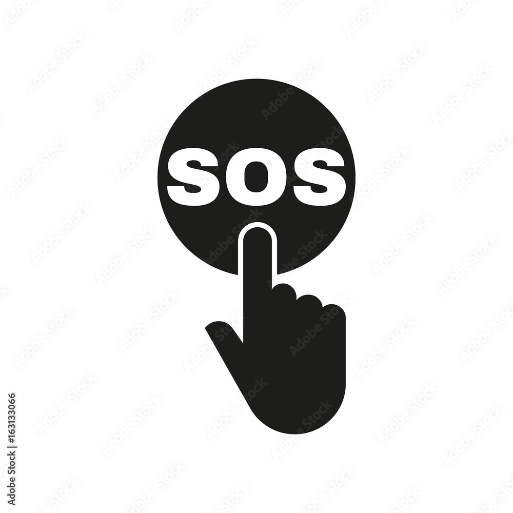 Hand pressing a button with the text SOS icon. Support, assistance ...