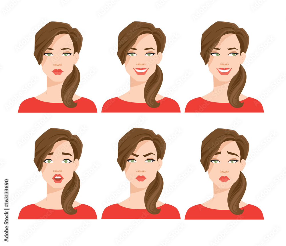 Collection of woman's emotions. Vector illustration of variations of ...