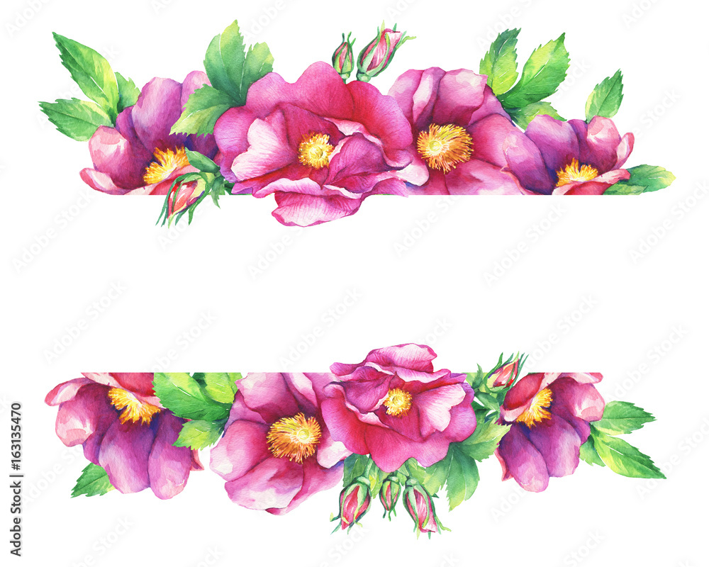 ภาพประกอบสต็อก Banner with flowering pink roses (names: dog rose, rosa ...