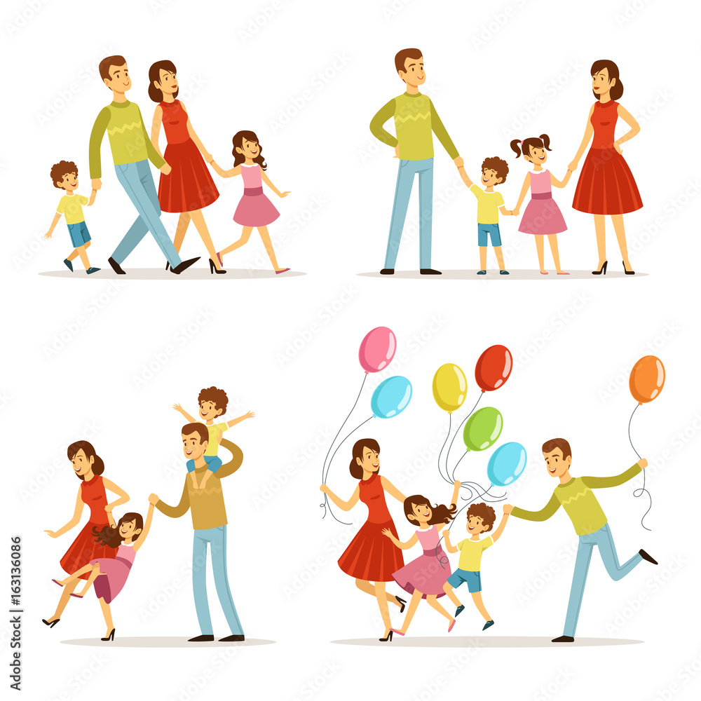 Happy family portrait. Father, mother and kids walking in park. Outdoor ...