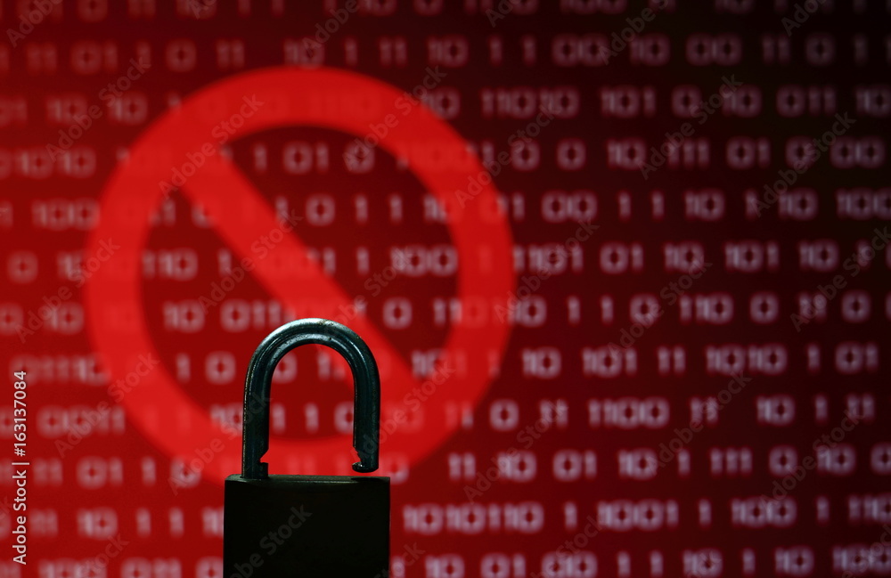 Visus or hacked computer screen. Red binary computer code ransom screen ...