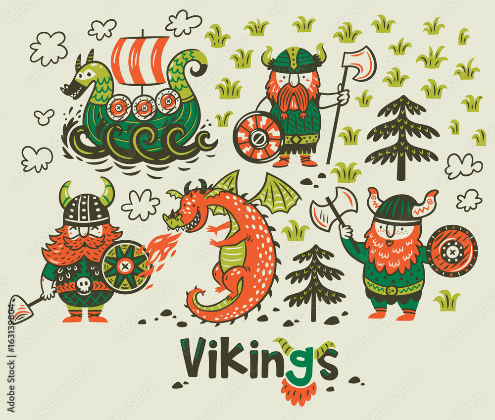 Nordic collection with vikings, dragon and ship in cartoon style Stock ...