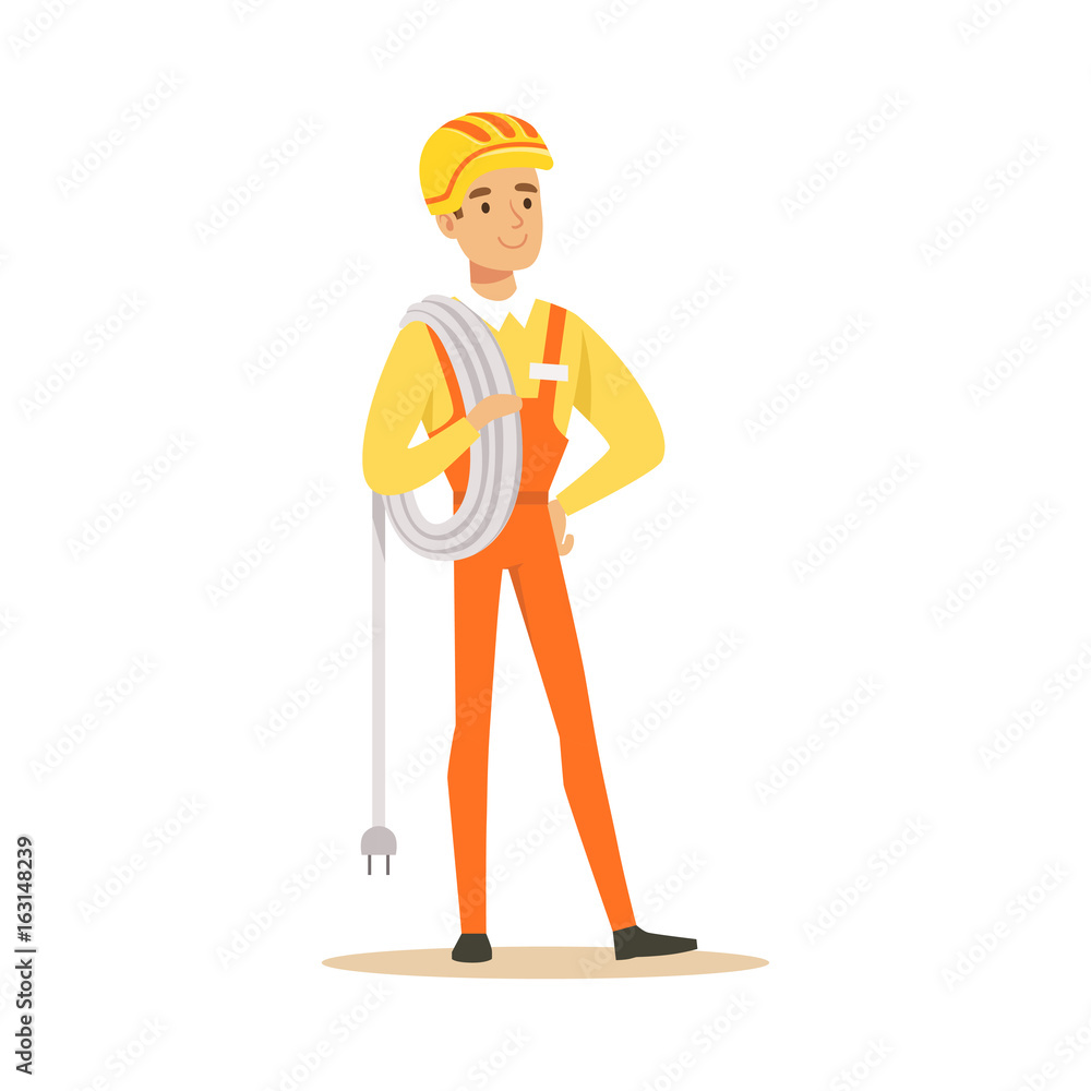 Repairman in uniform standing and holding a wire roll, electric man ...
