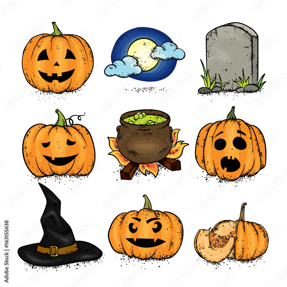 A set of Halloween attributes - pumpkins with different smiles, a ...