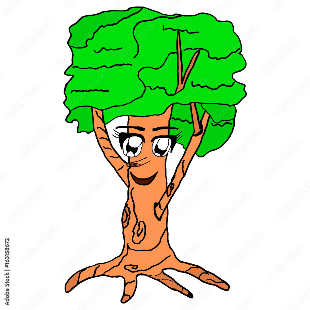 Oak looks up and smiles. The concept of a living tree. A child's ...