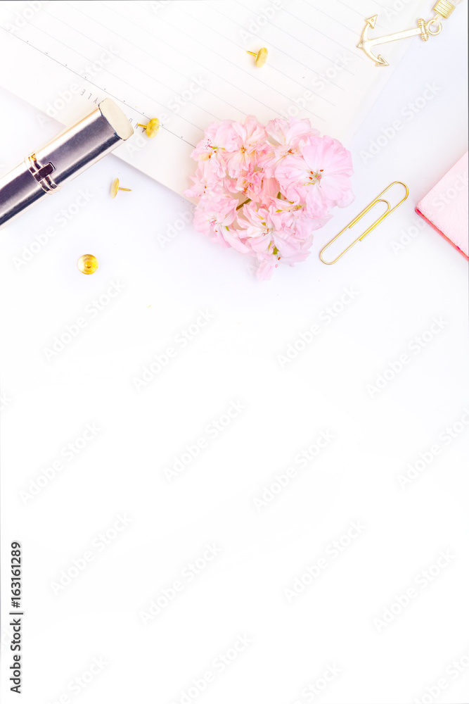 Workplace mockup with pink leather notebook and golden accessories on ...