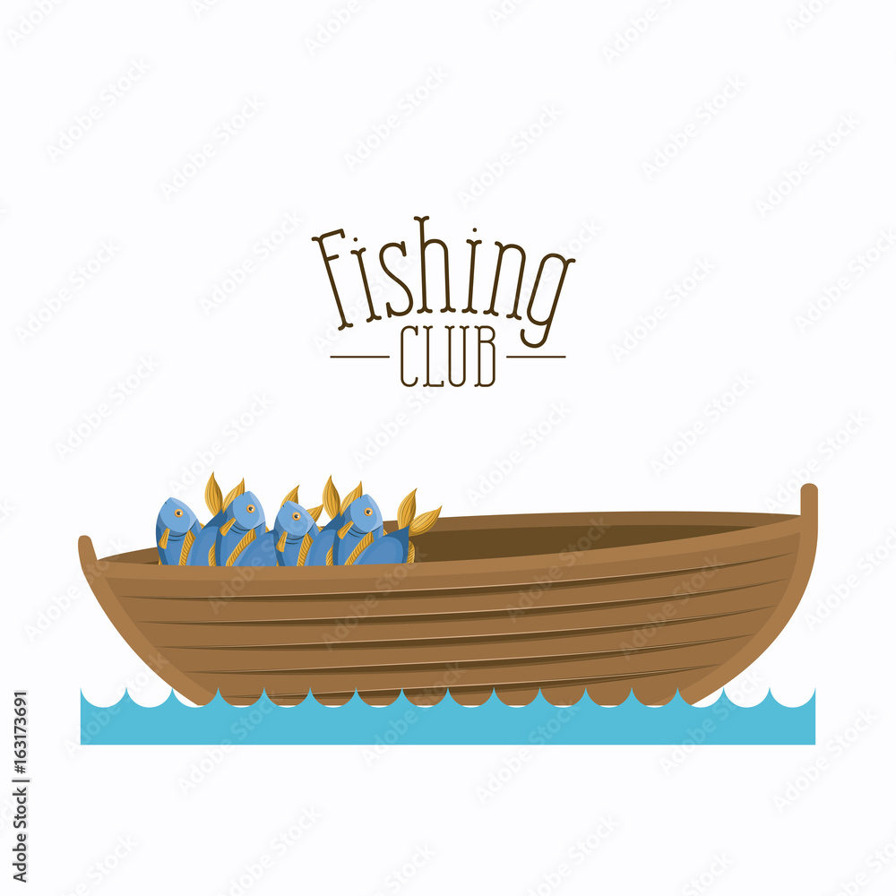 white background boat with bucket full of fish and text logo fishing ...