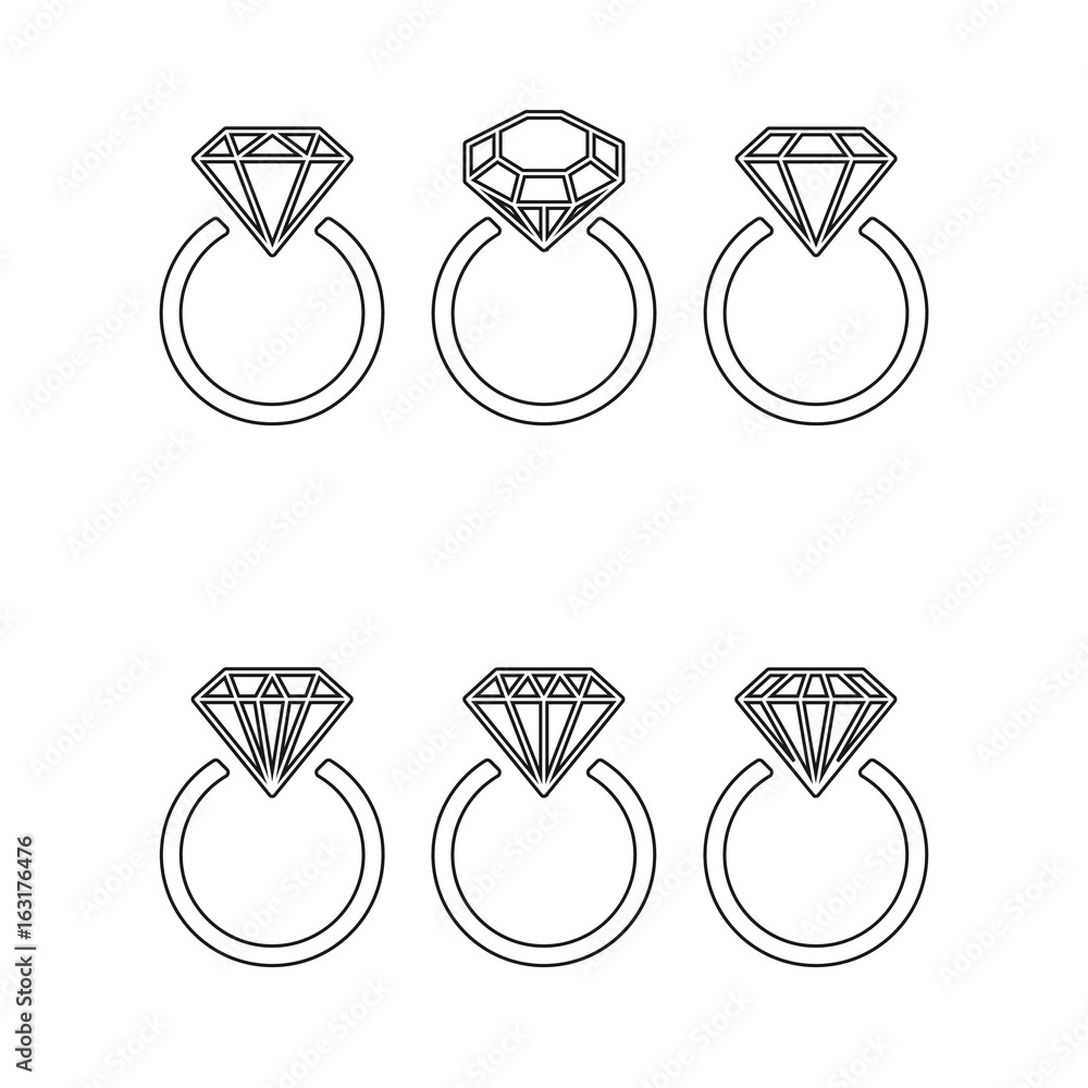 Diamond engagement ring icons with crystals. Vector Illustration. Black ...